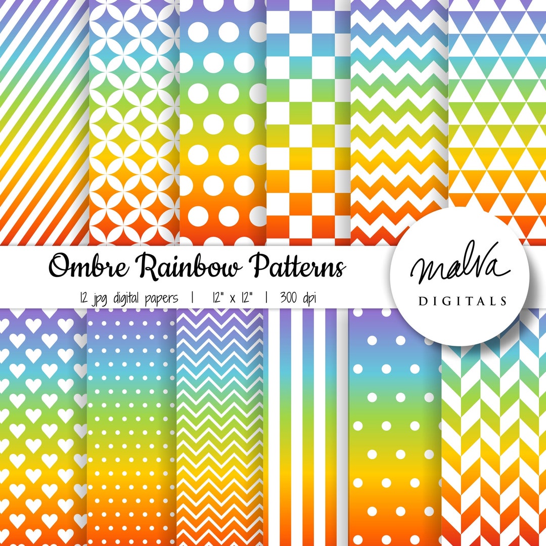 Rainbow Ombre Digital Paper Pack, Rainbow Gradient Patterns Digital ...