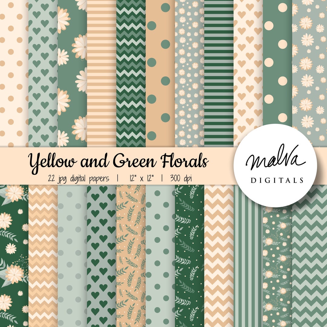 Yellow and Green Floral Digital Paper, Commercial Use, Scrapbook Paper ...