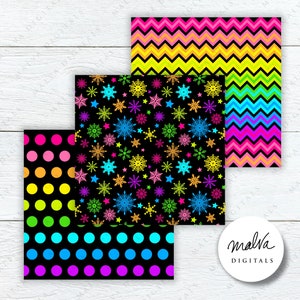 Neon Christmas Digital Paper Pack, Bright Colors Black Background ...