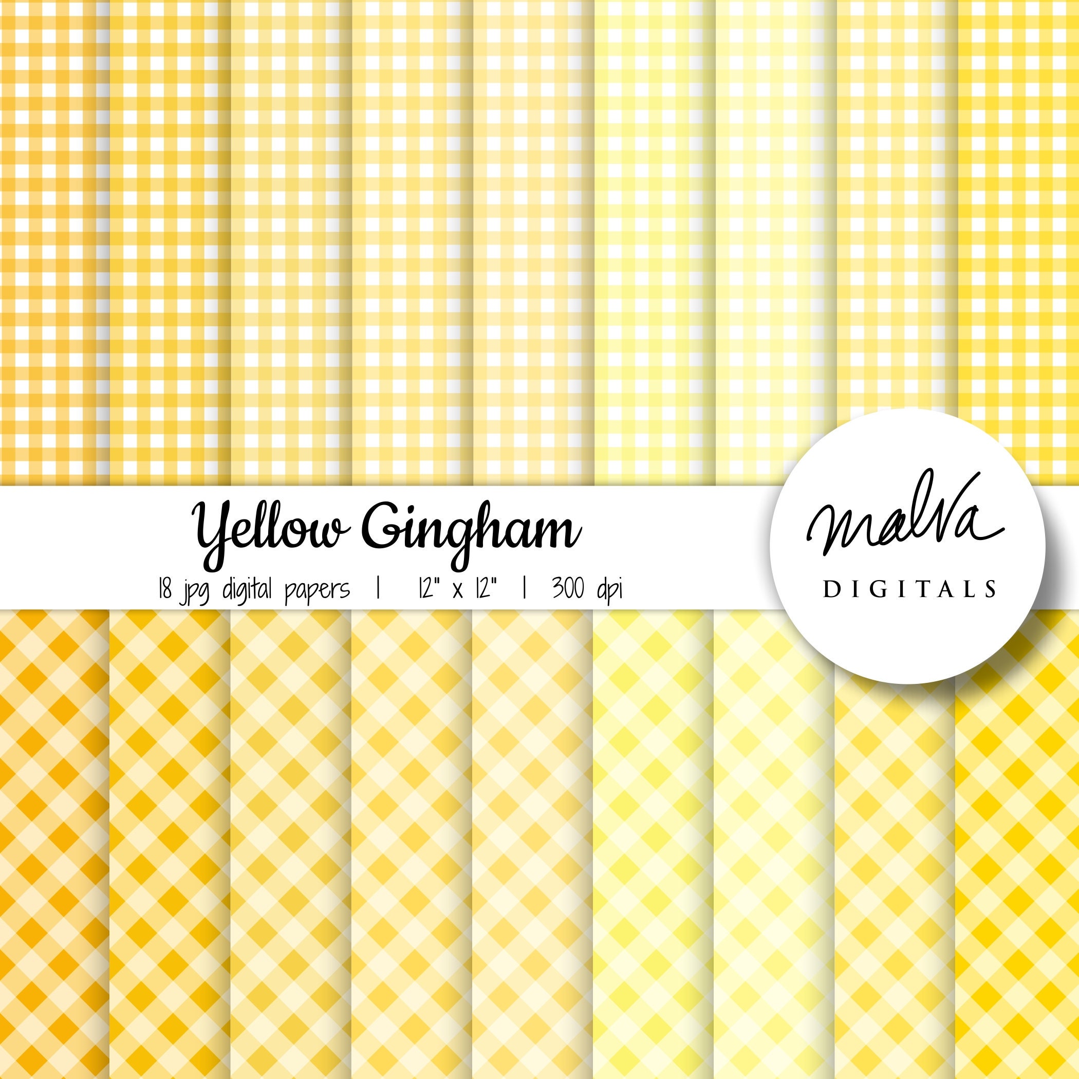 Yellow Gingham Digital Paper Pack, Shades of Yellow Plaid Digital ...