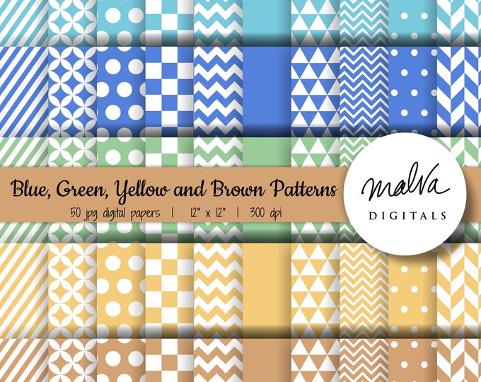 Organic Geometric Digital Paper Patterns in Mustard, Navy & Jade for ...