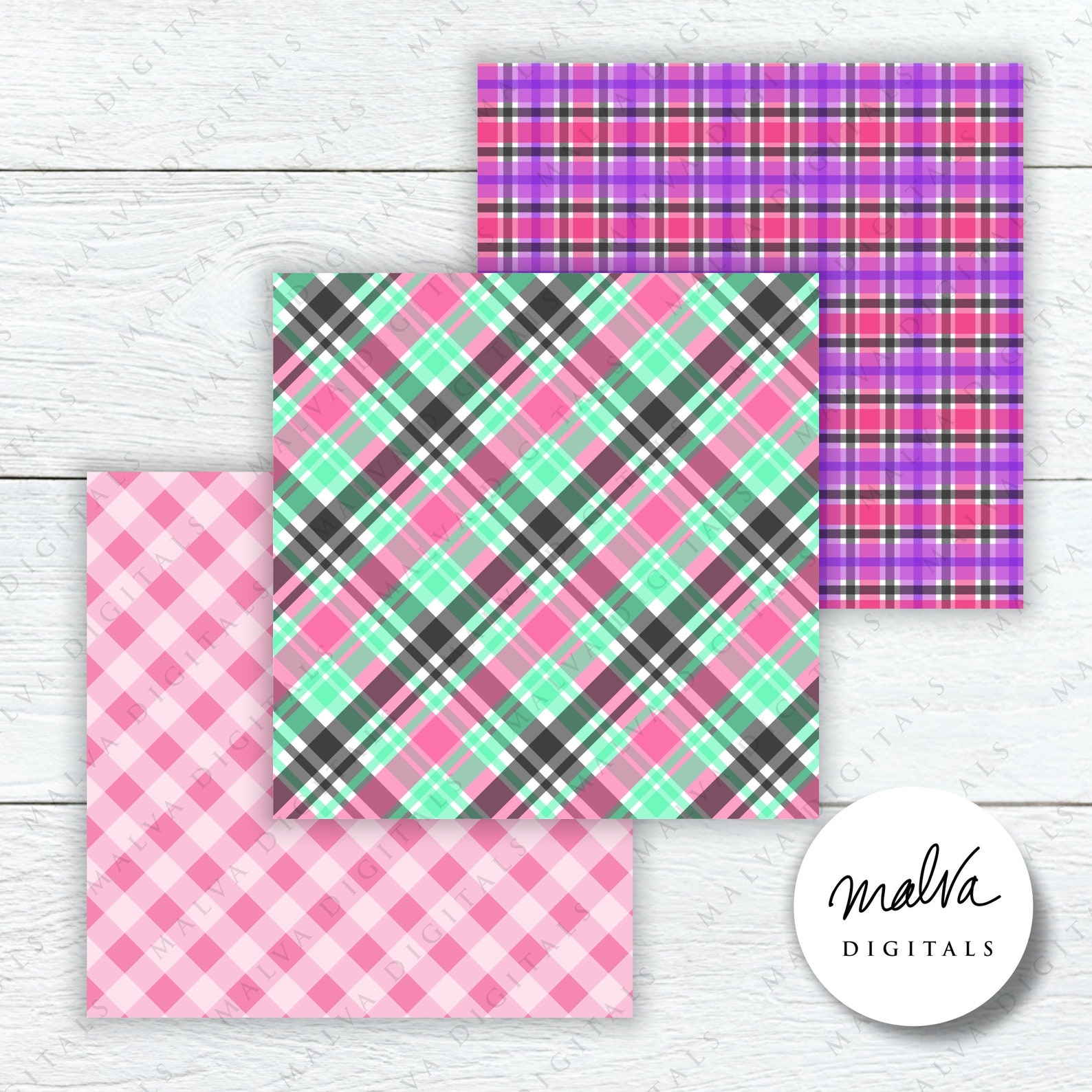 Bright Neon Plaids Digital Paper Pack, Bright Rainbow Plaids Printable ...