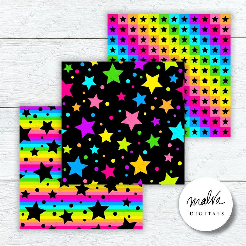 Neon Stars and Stripes Digital Paper Pack Bright Colors - Etsy