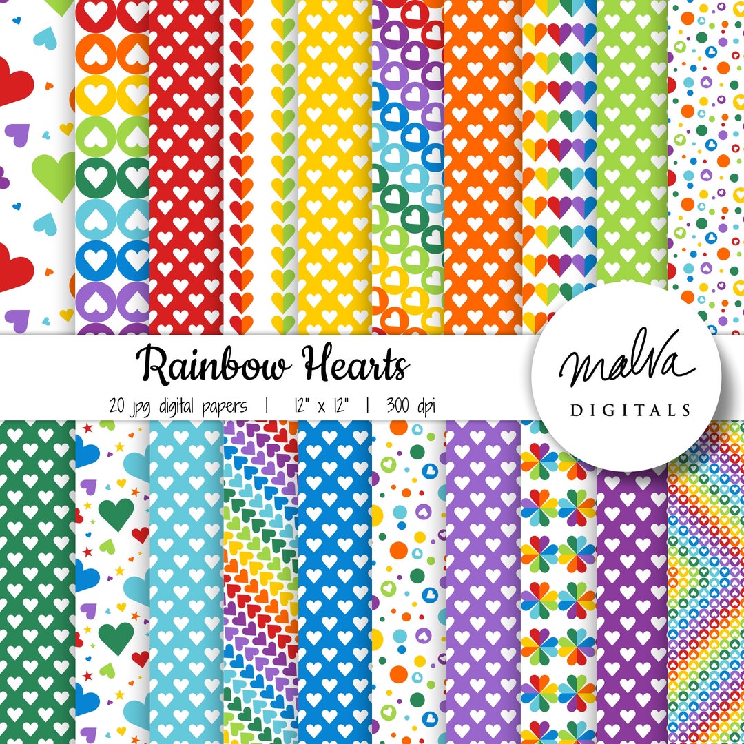 Rainbow Hearts Digital Paper Pack, Colorful Hearts Digital Scrapbook ...
