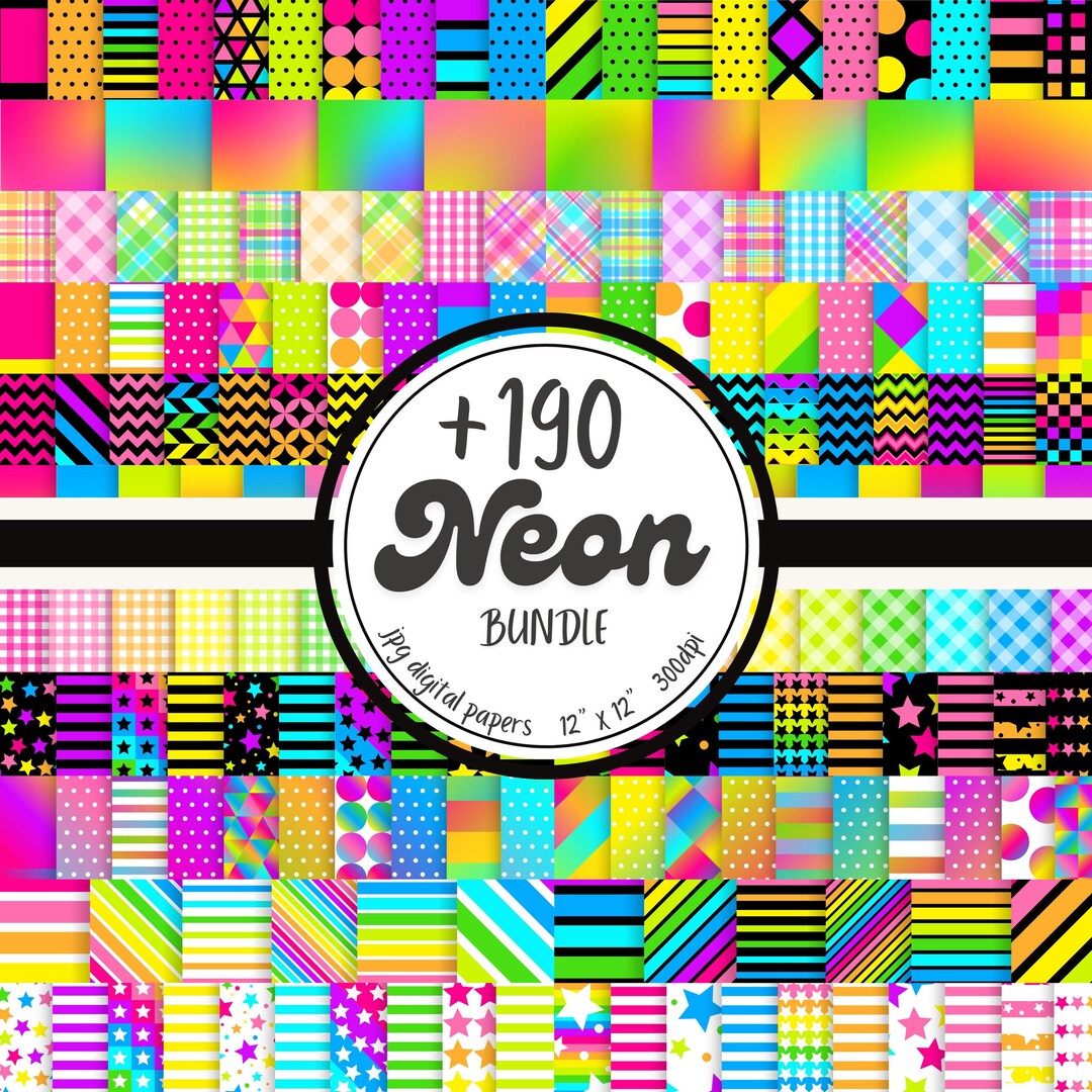 Neon Colors Digital Paper Pack BUNDLE +190, Bright Scrapbook Paper ...