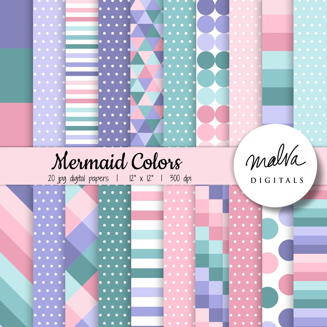 Mermaid Colors Digital Paper Pack, Soft Pastel Geometric Patterns ...