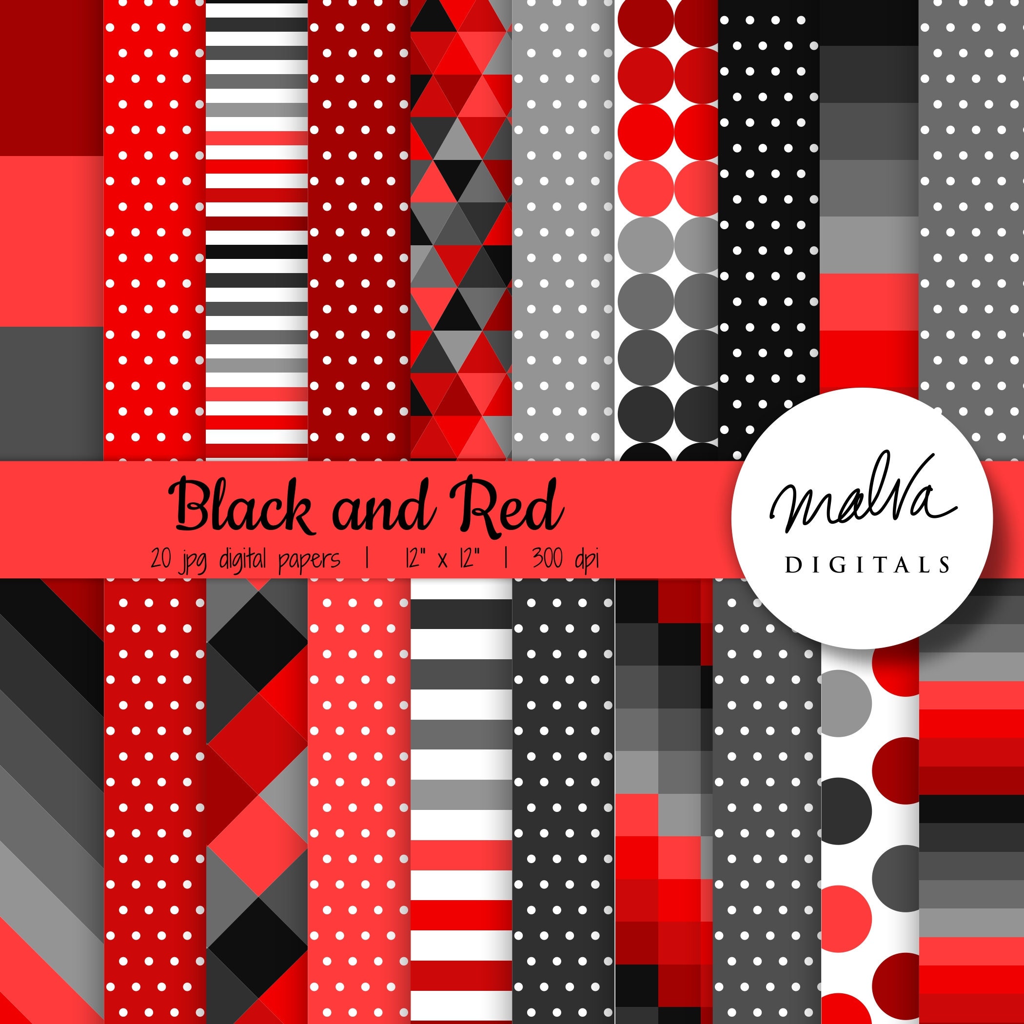 Black and Red Digital Paper Pack, Black Red Digital Background, Digital ...