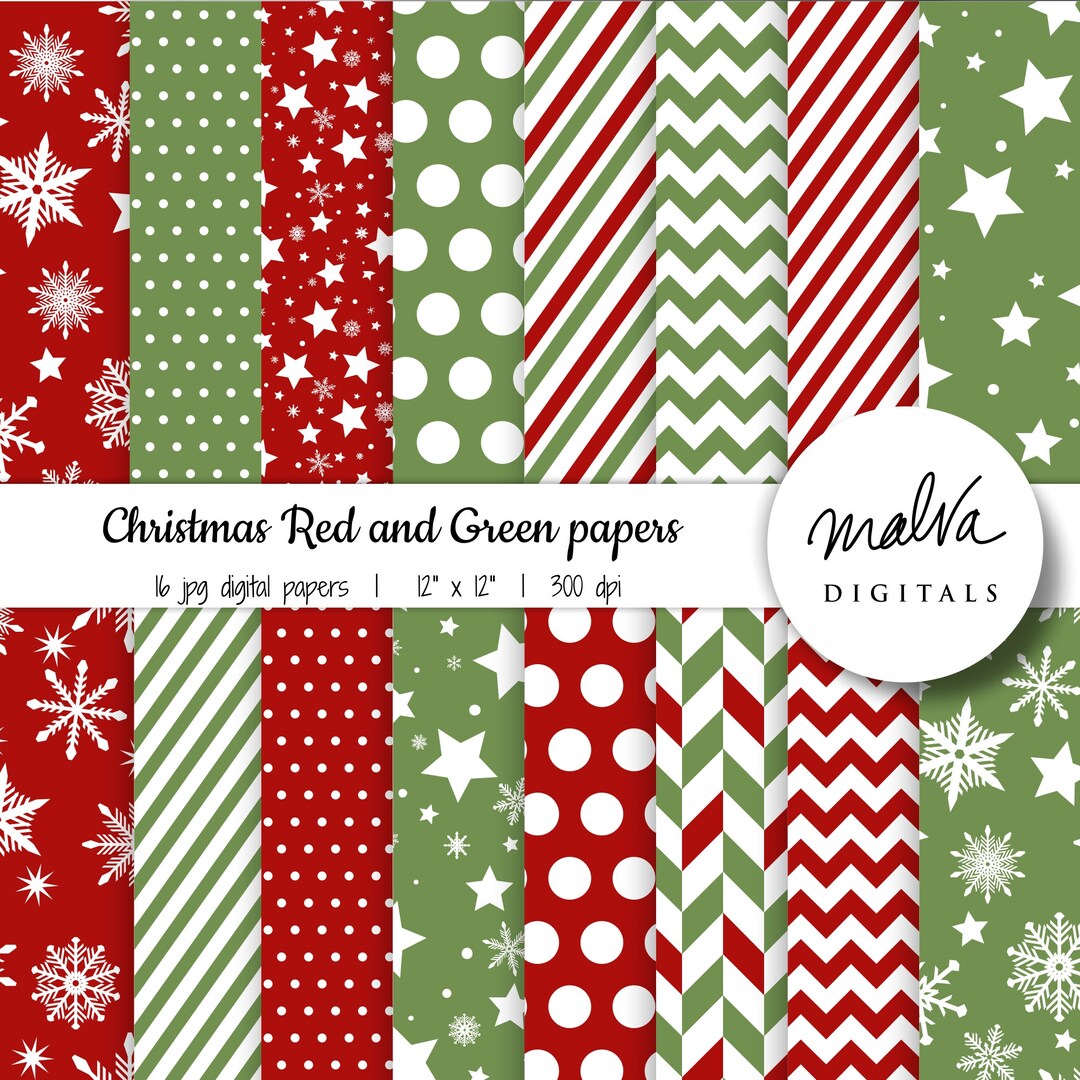 Green Red Christmas Digital Paper Pack, Snowflakes Geometric Patterns ...