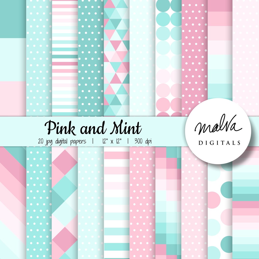 Valentine's Day Digital Paper Pack, Pink and Mint Digital Scrapbook ...