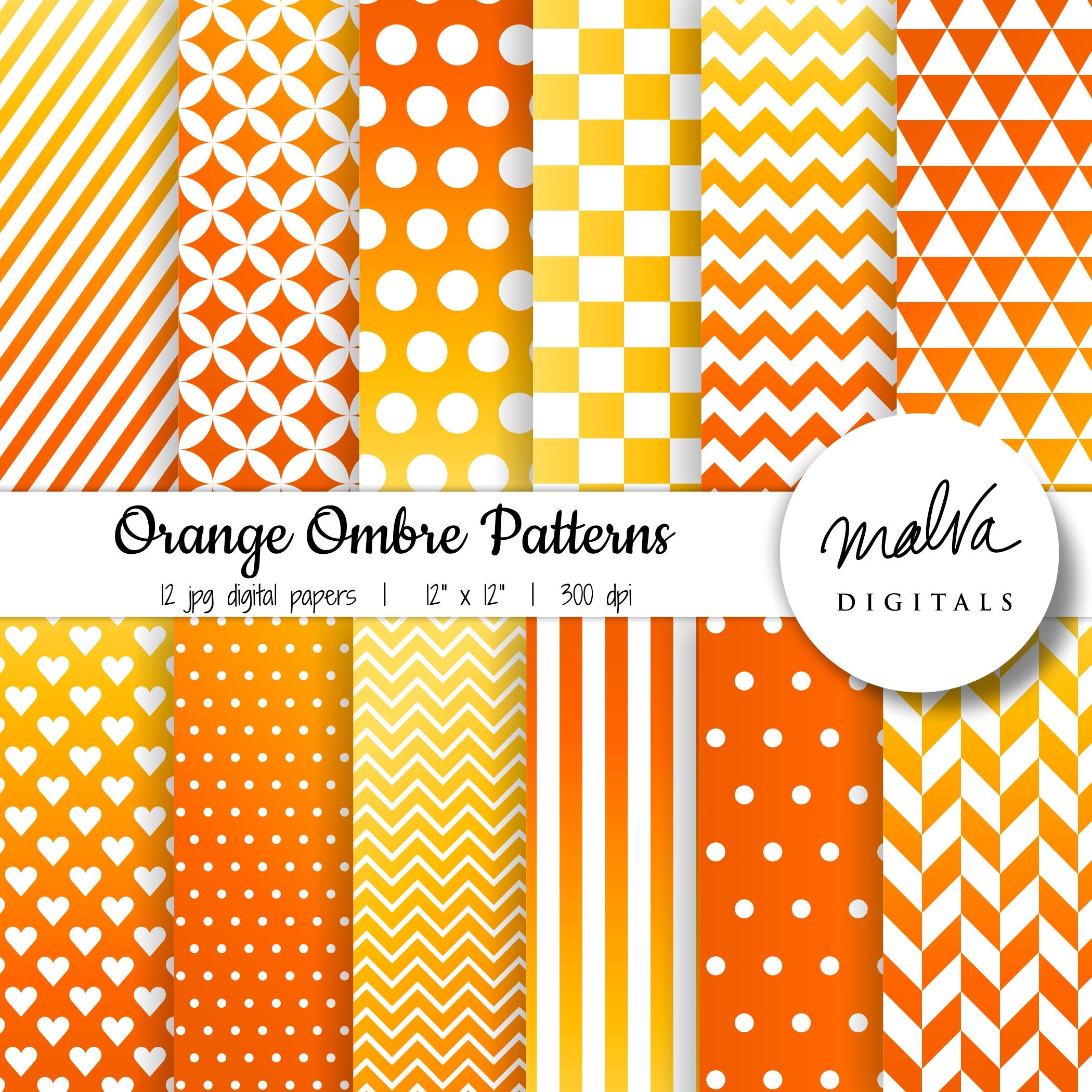 Orange Digital Paper Pack, Orange and Yellow Gradient Patterns Digital ...