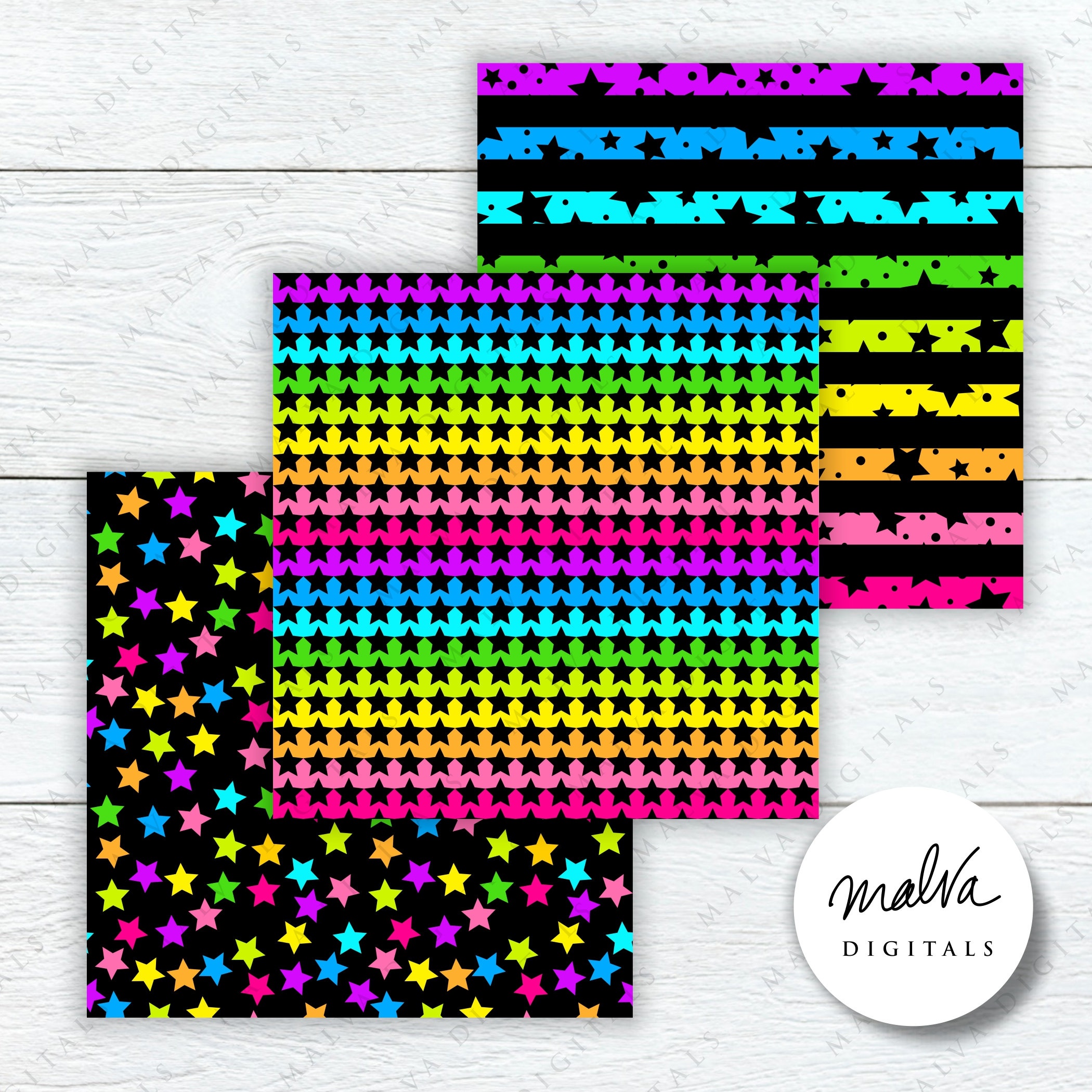 Neon Stars and Stripes Digital Paper Pack Bright Colors - Etsy