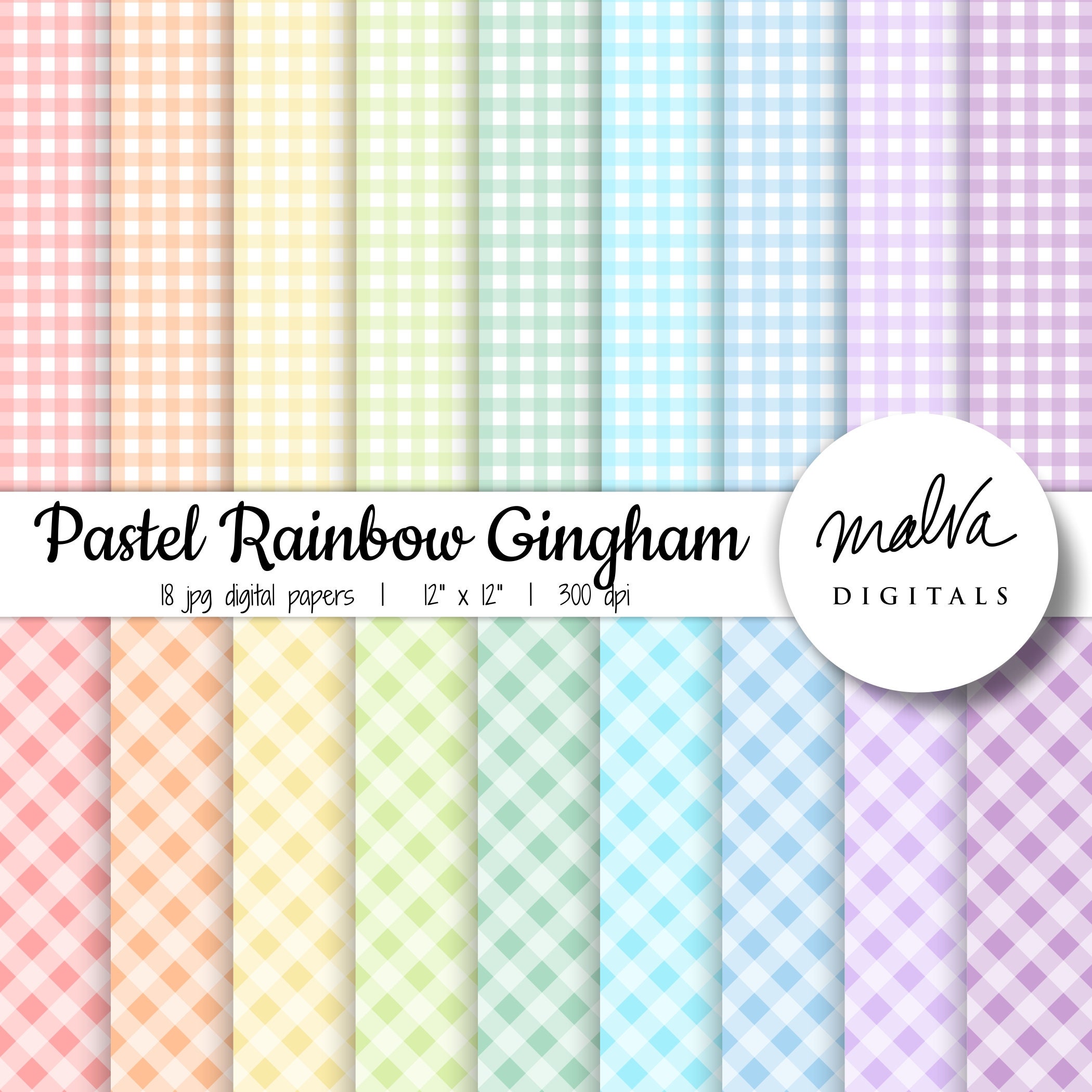 Pastel Rainbow Gingham Digital Paper Pack, Pastel Plaid Digital ...
