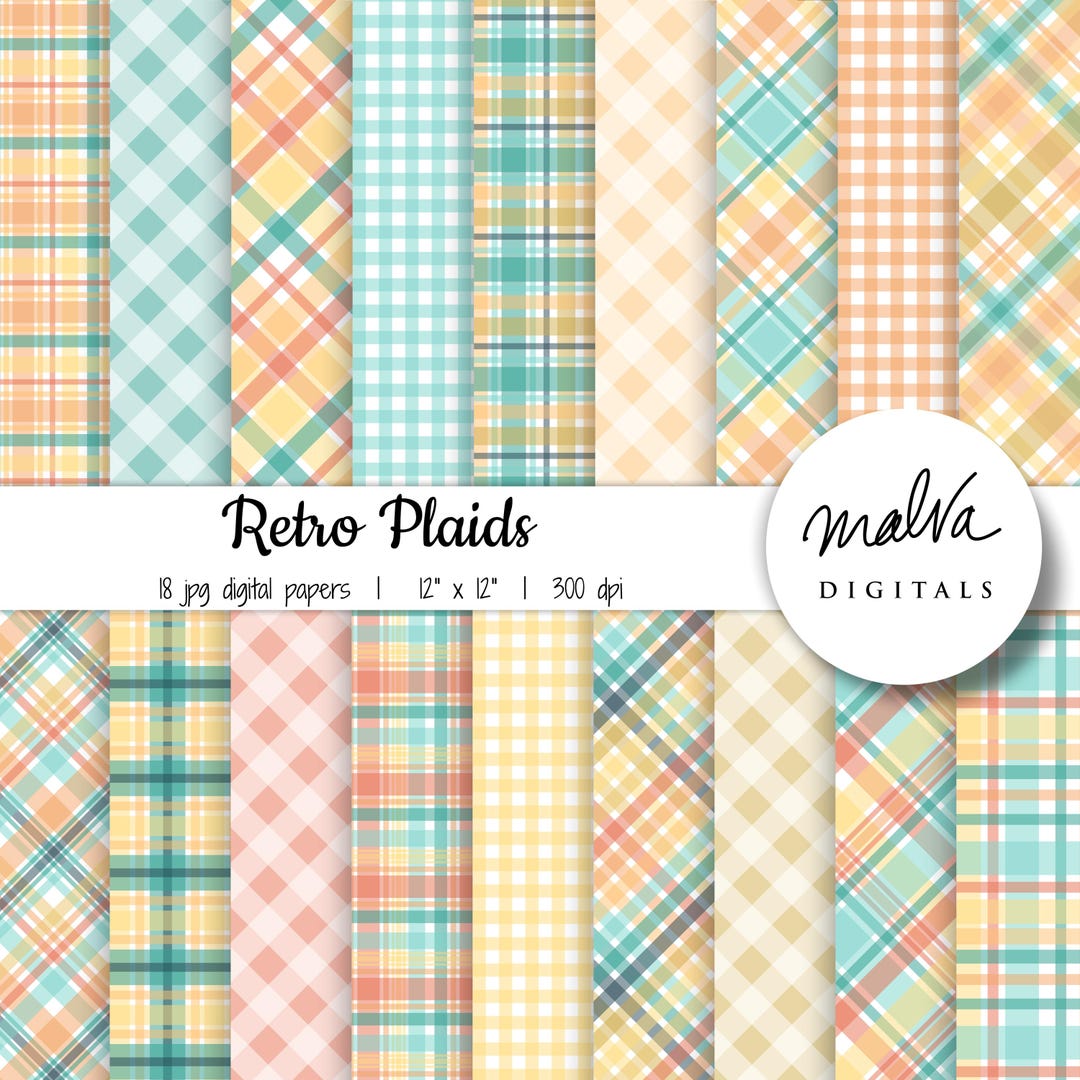 Retro Plaids Digital Paper Pack, Summer Plaids Digital Background ...