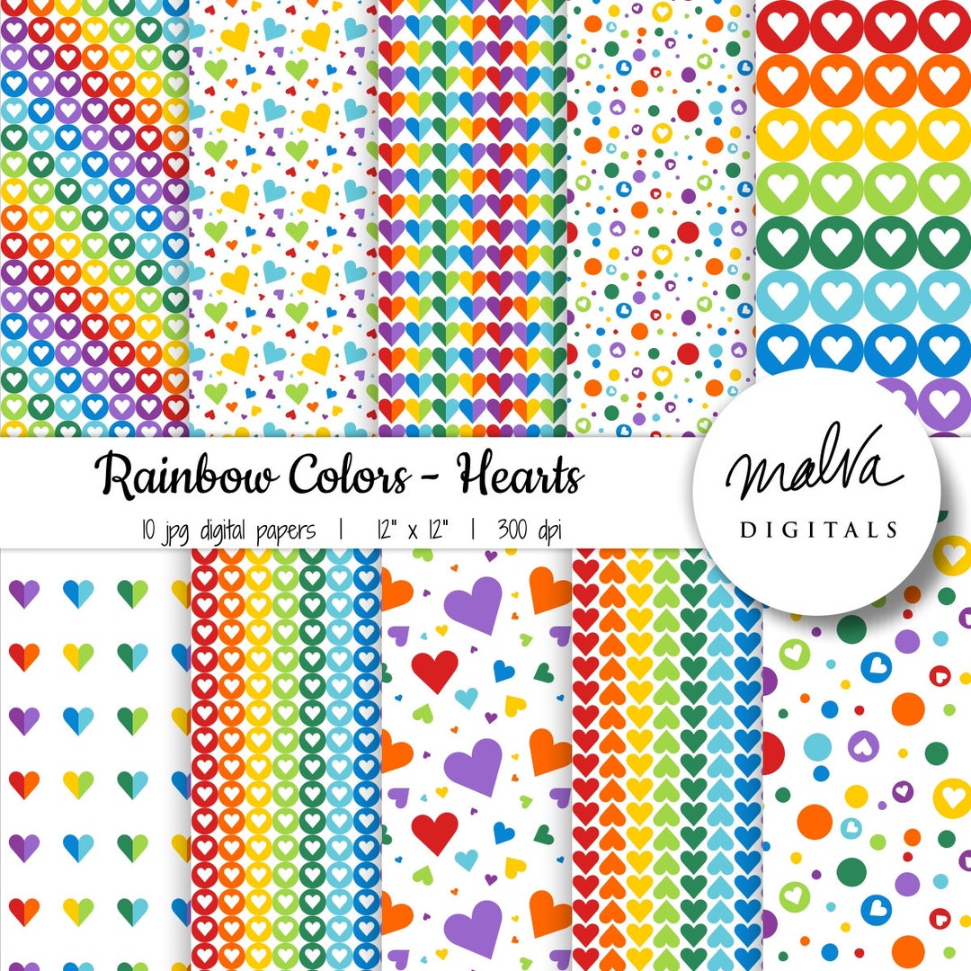 Rainbow Hearts Digital Paper Pack, Rainbow Colors Digital Paper ...