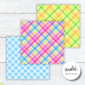 Neon Plaids Digital Paper Pack, Bright Rainbow Plaids Background ...