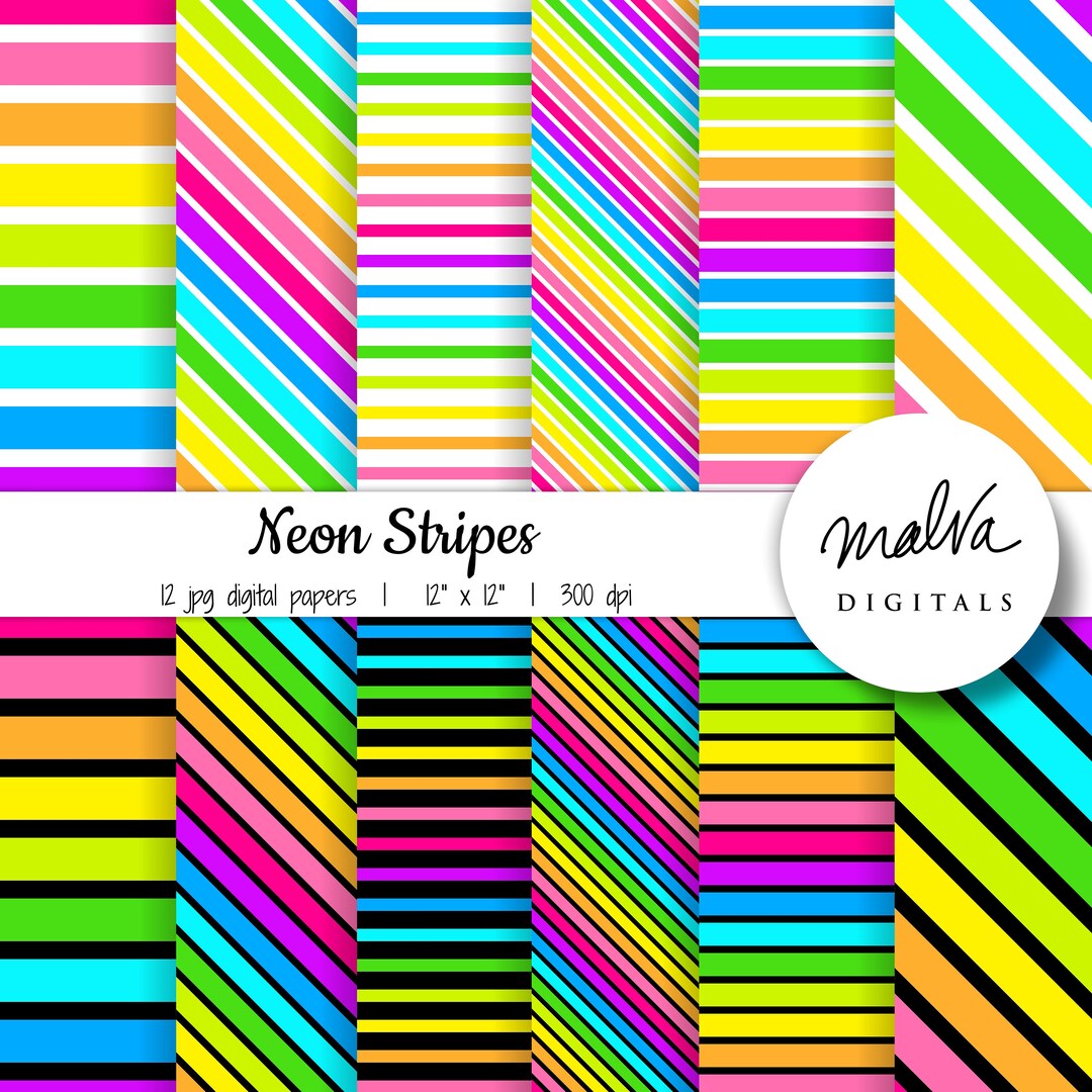 Neon Stripes Digital Paper Pack, Neon Rainbow Patterns Digital ...
