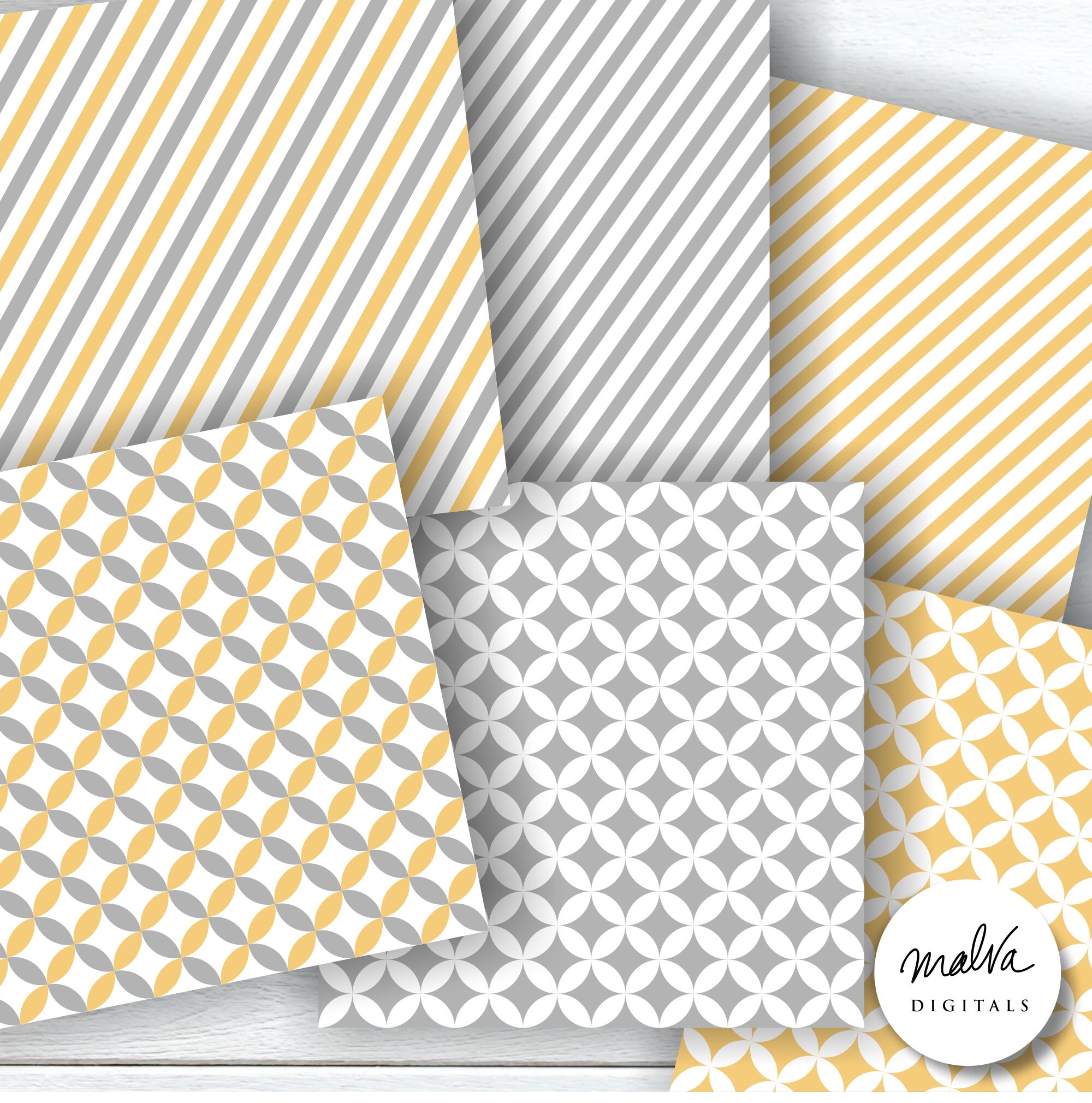 Yellow and Gray Digital Paper Pack, Scrapbook Paper, Grey Paper, Yellow ...