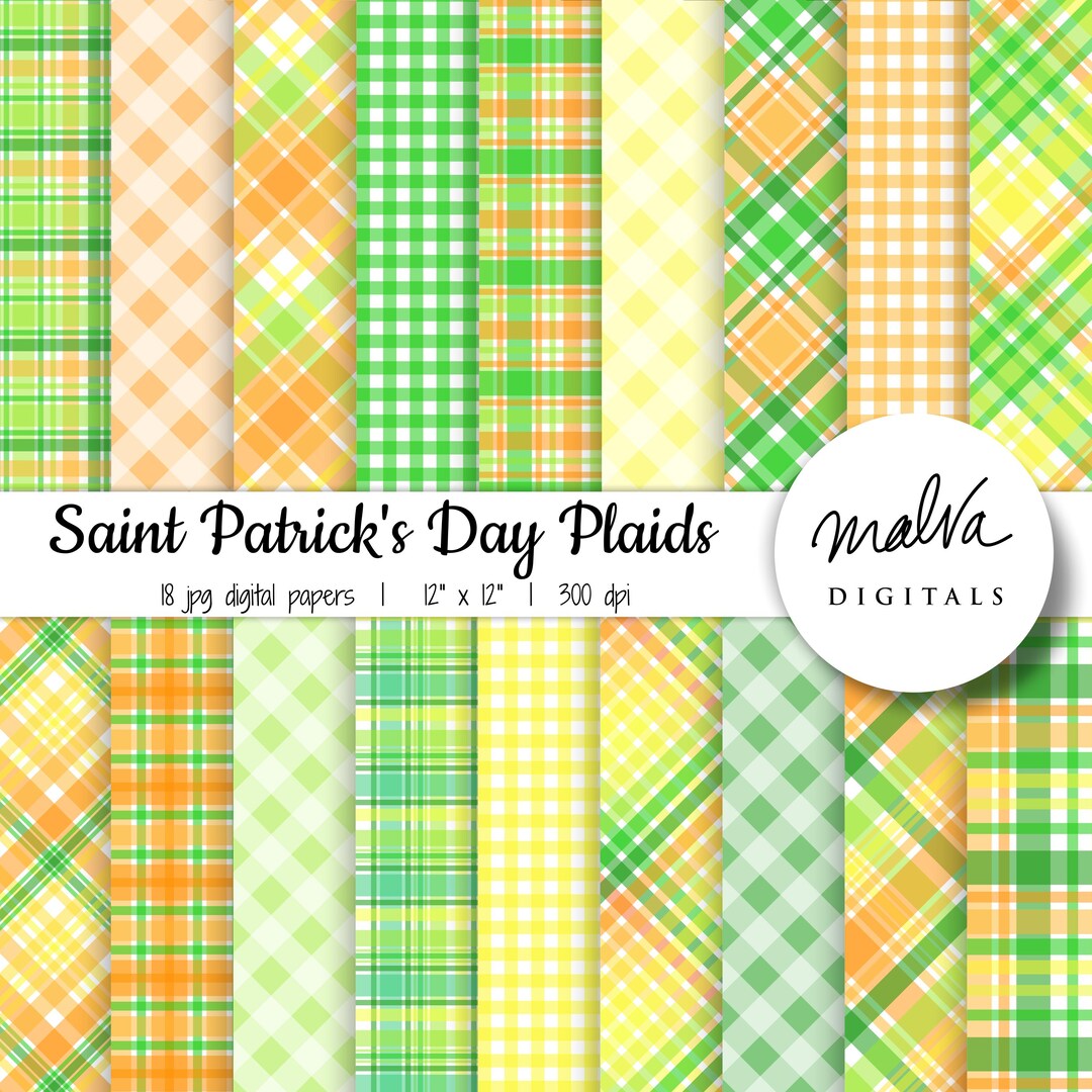 St Patrick's Day Bright Plaids Digital Paper Pack, Green Yellow Gingham ...