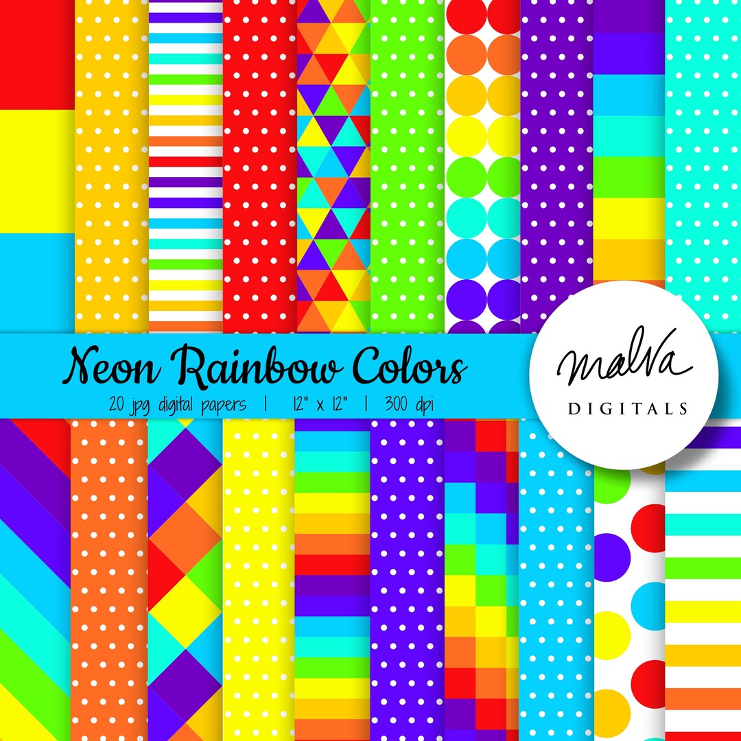Neon Rainbow Digital Paper Pack, Bright Rainbow Colors Digital ...