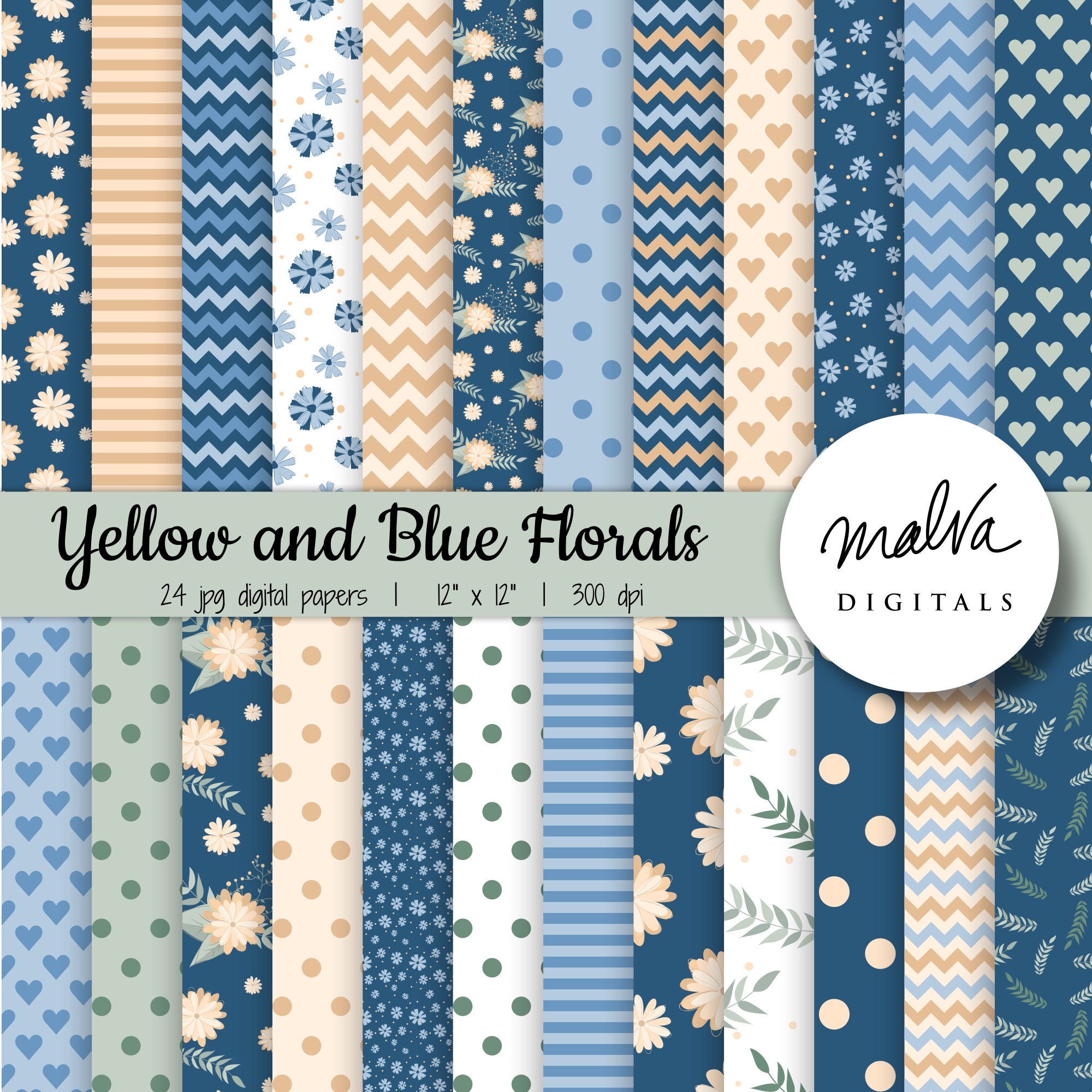 Yellow and Blue Floral Digital Paper, Commercial Use, Scrapbook Paper ...