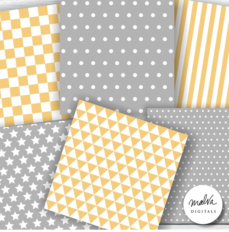 Yellow and Gray Digital Paper Pack, Scrapbook Paper, Grey Paper, Yellow ...
