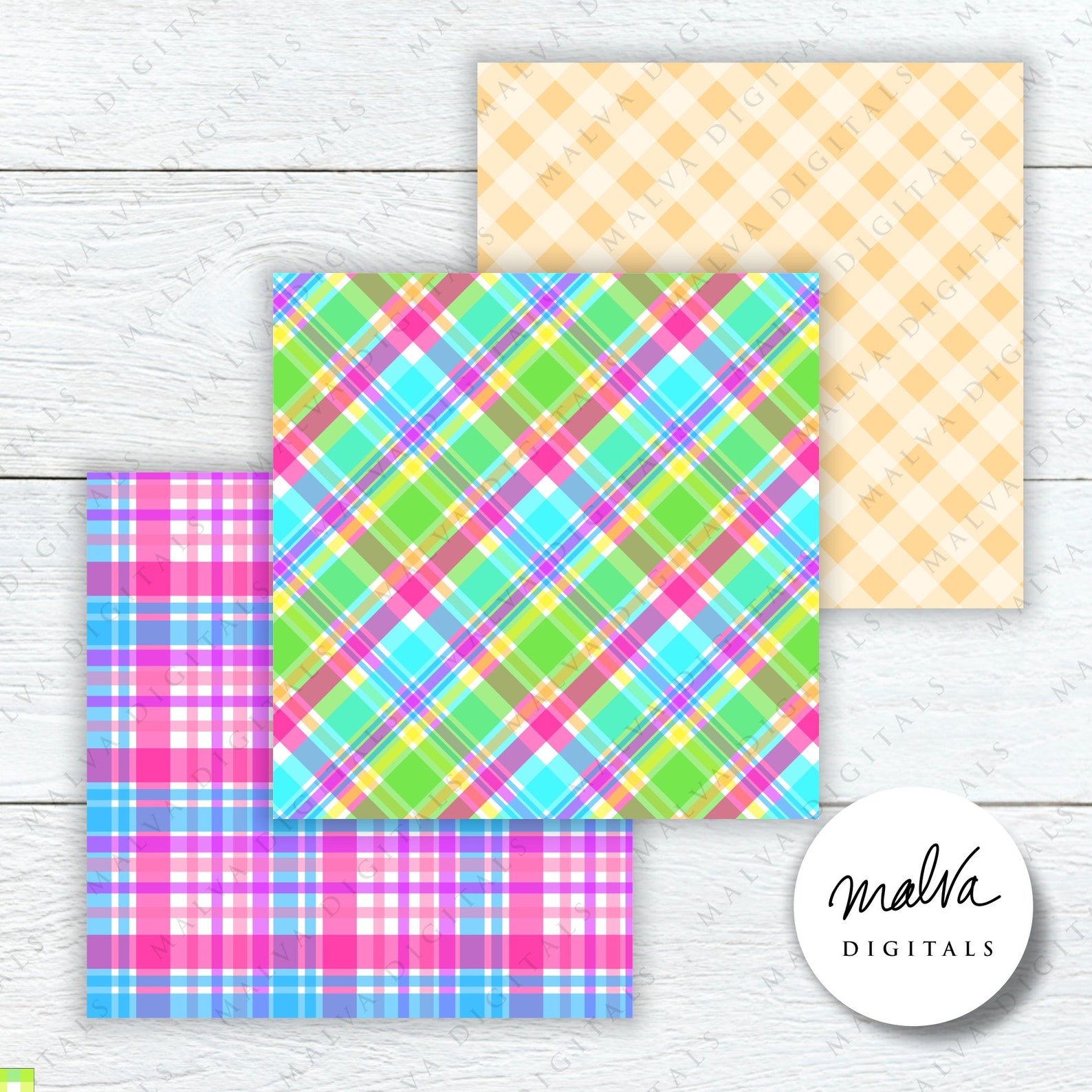 Neon Plaids Digital Paper Pack, Bright Rainbow Plaids Background ...