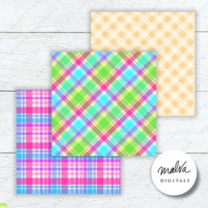 Neon Plaids Digital Paper Pack, Bright Rainbow Plaids Background ...