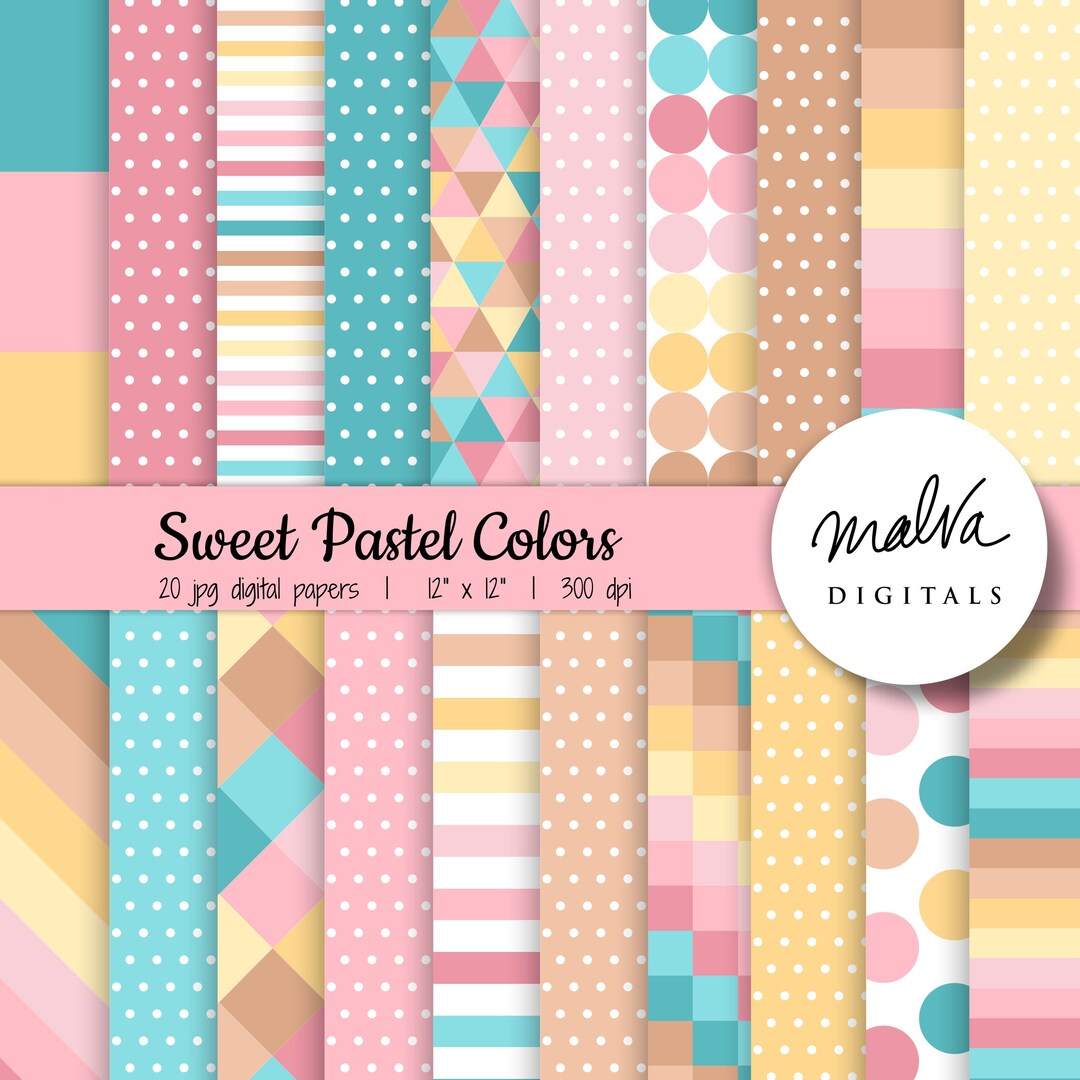 Pastel Digital Paper Pack, Sweet Pastels, Pink Teal Yellow Brown ...