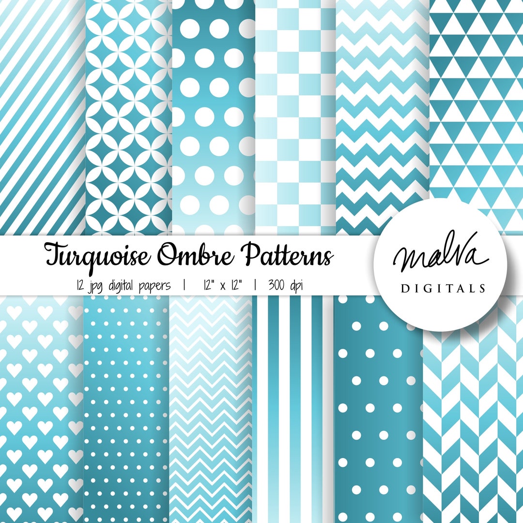 Turquoise Digital Paper Pack, Turquoise Gradient Patterns Digital ...