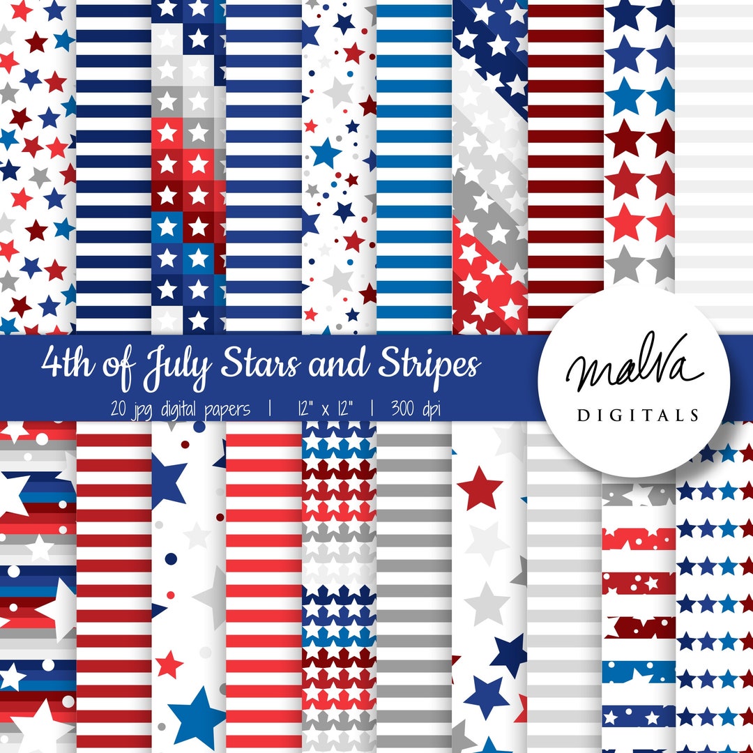 4th of July Digital Paper Pack, Red White Blue Stars and Stripes ...