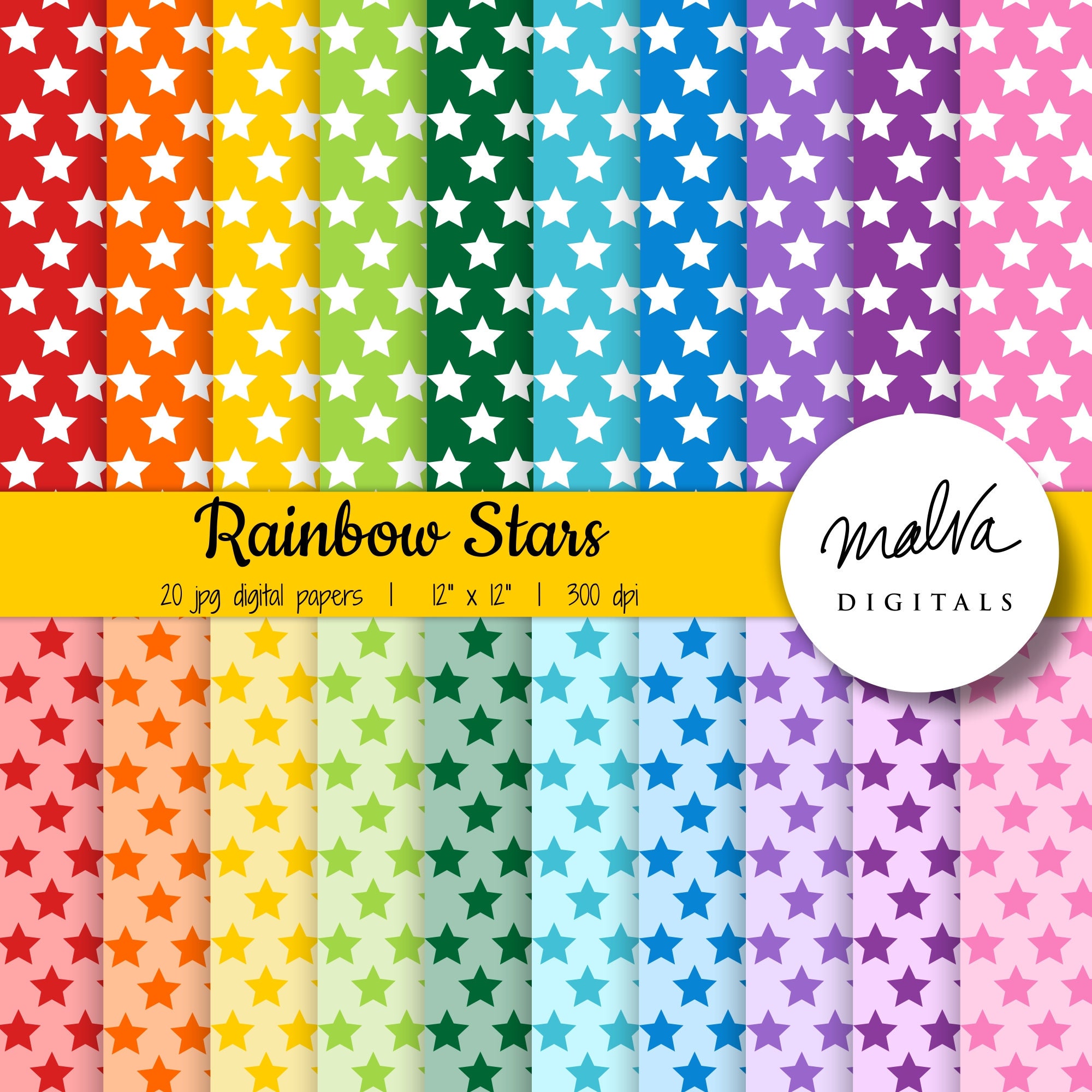 Rainbow Stars Digital Paper Pack, Rainbow Colors Digital Scrapbook ...