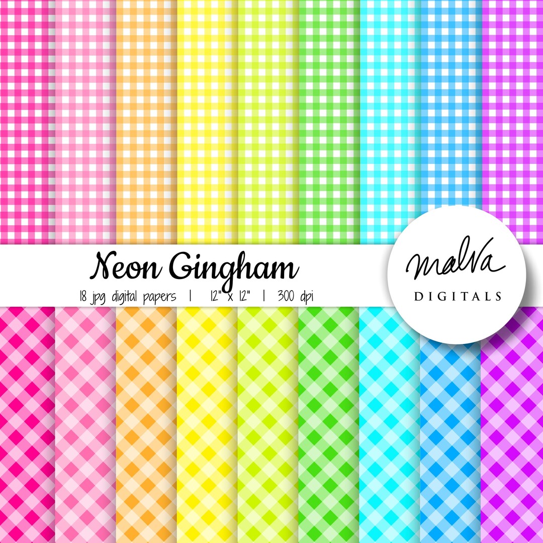 Neon Gingham Digital Paper Pack, Neon Rainbow Plaid Digital Background ...