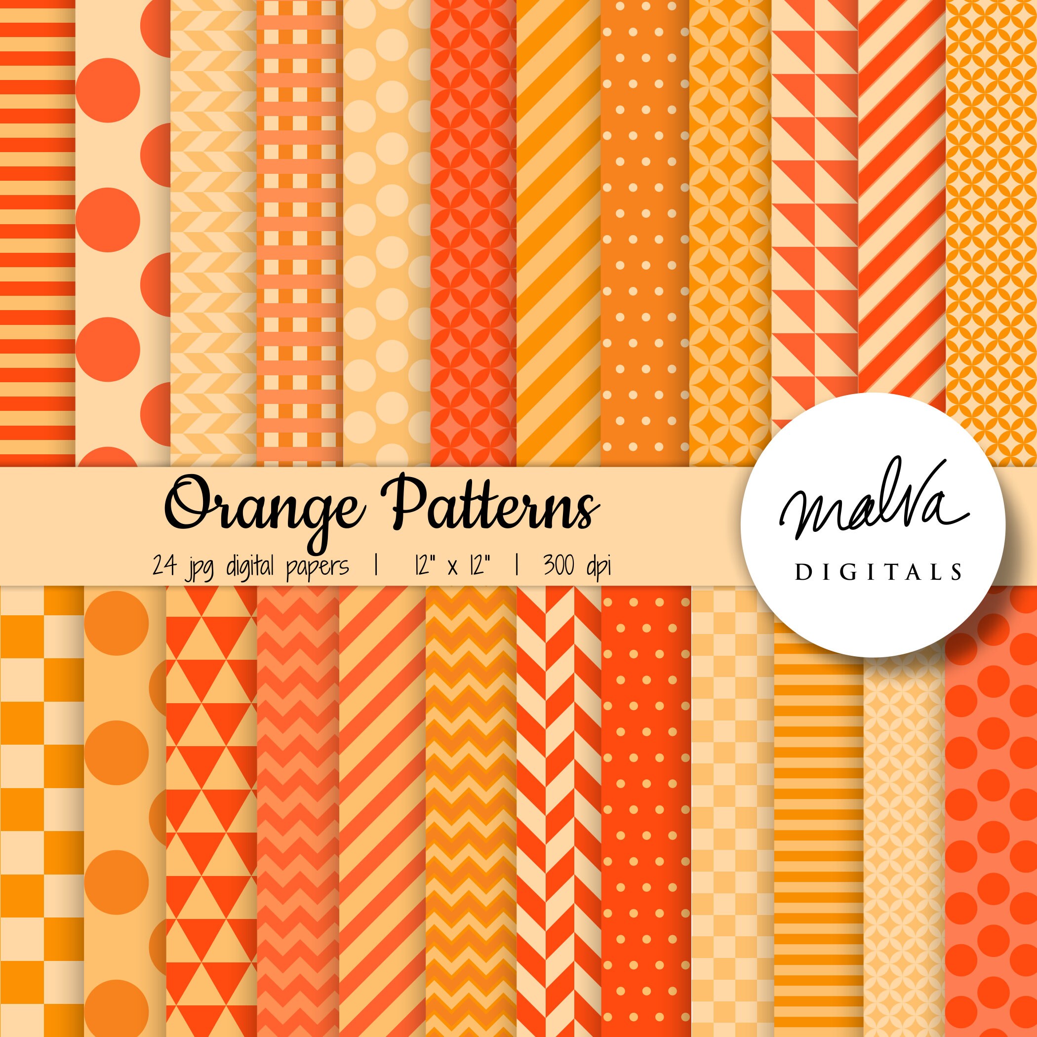 Orange Digital Paper Pack, Orange Shades, Orange Geometric Patterns ...