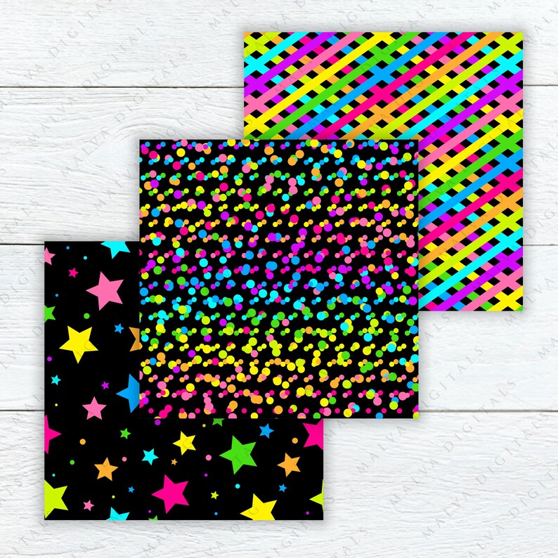 Neon Christmas Digital Paper Pack, Bright Colors Black Background ...