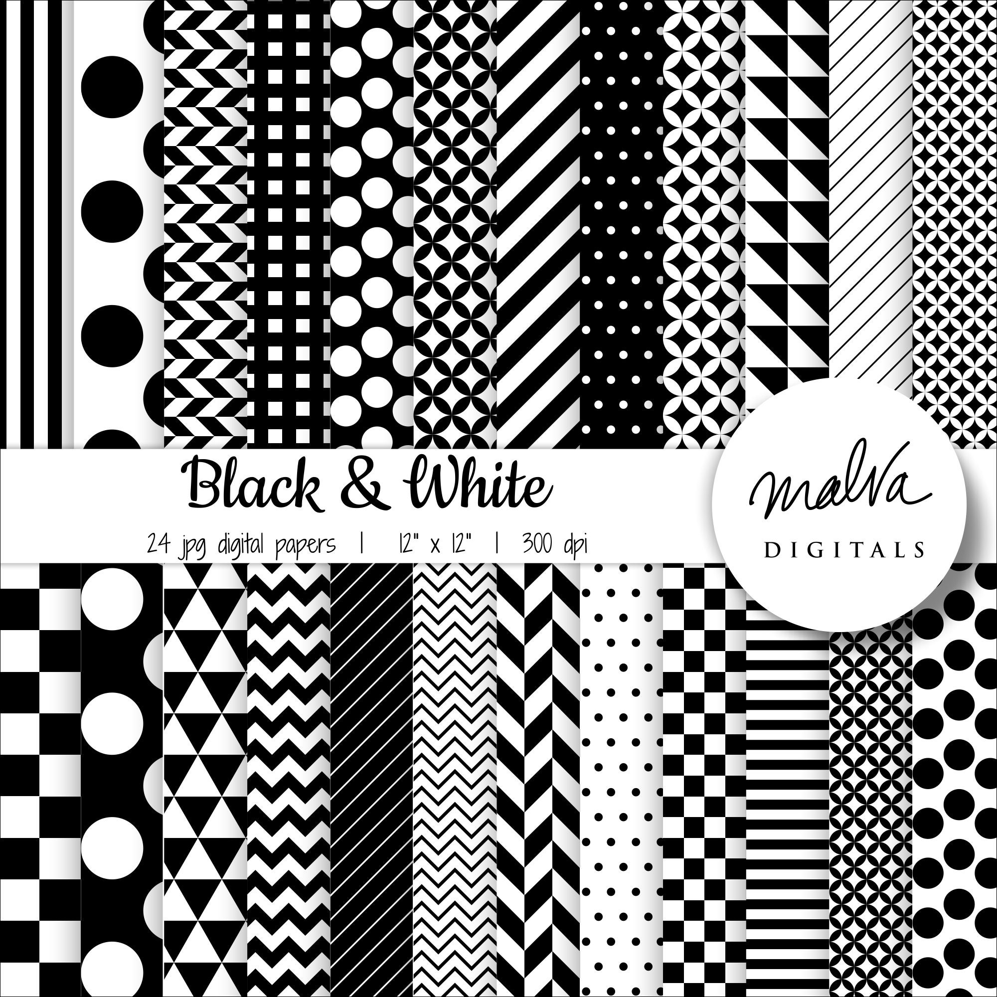 Black and White Digital Paper Pack, Black White Digital Scrapbook Paper ...