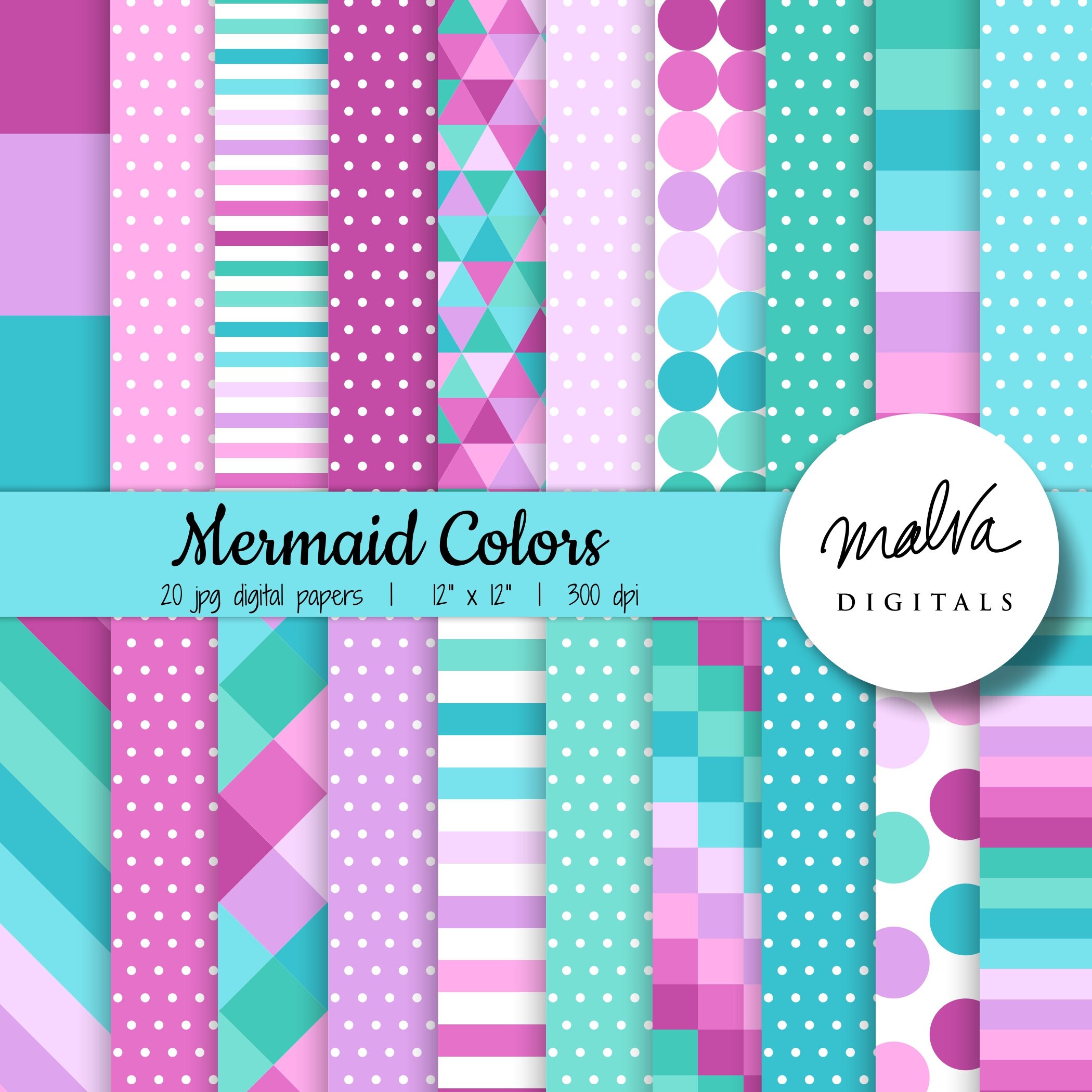 Mermaid Colors Digital Paper Pack, Bright Geometric Patterns, Purple ...