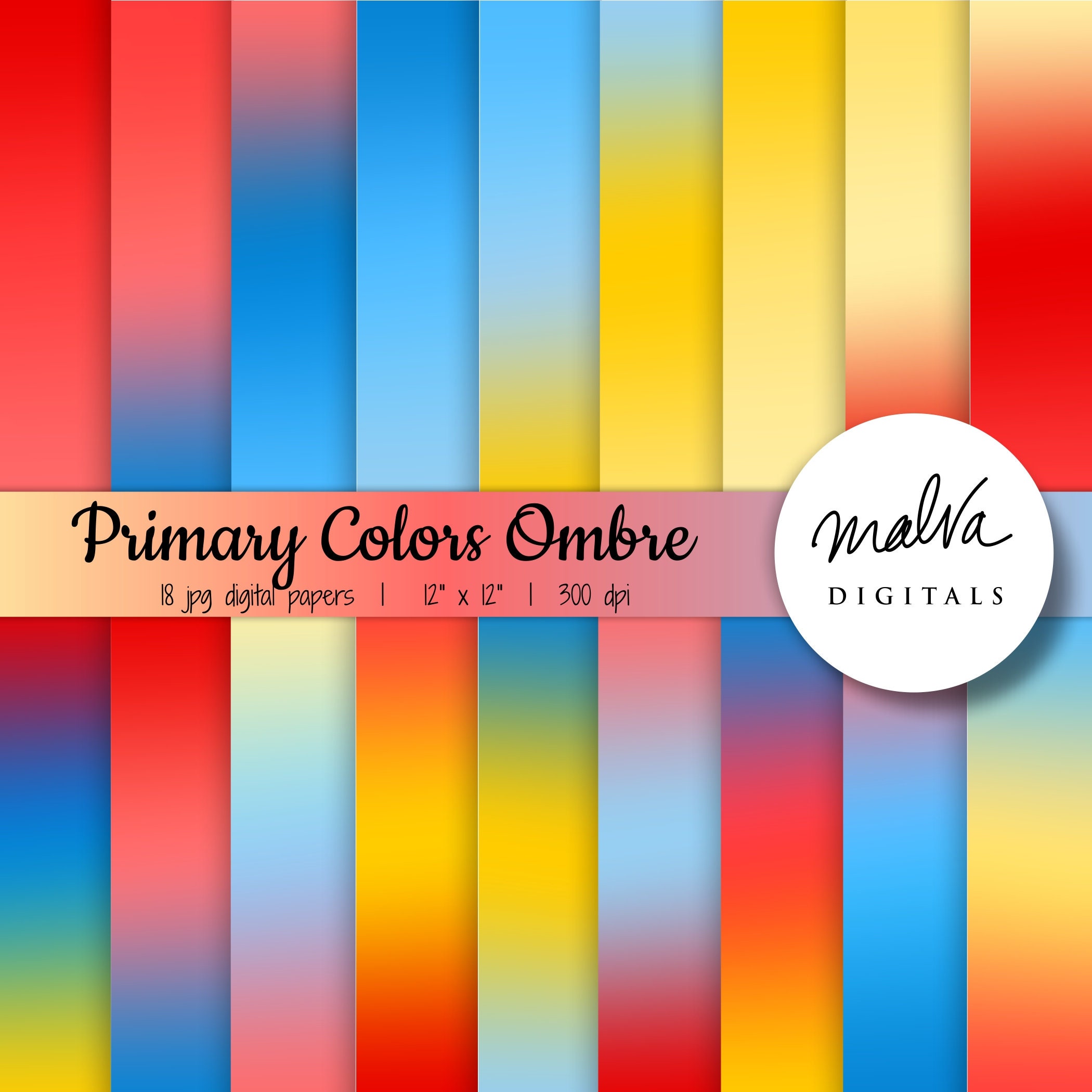 Primary Colors Ombre Digital Paper Pack, Red Blue Yellow Gradients ...