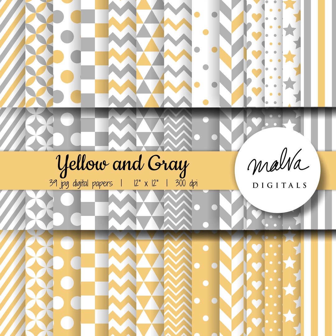 Yellow and Gray Digital Paper Pack, Scrapbook Paper, Grey Paper, Yellow ...