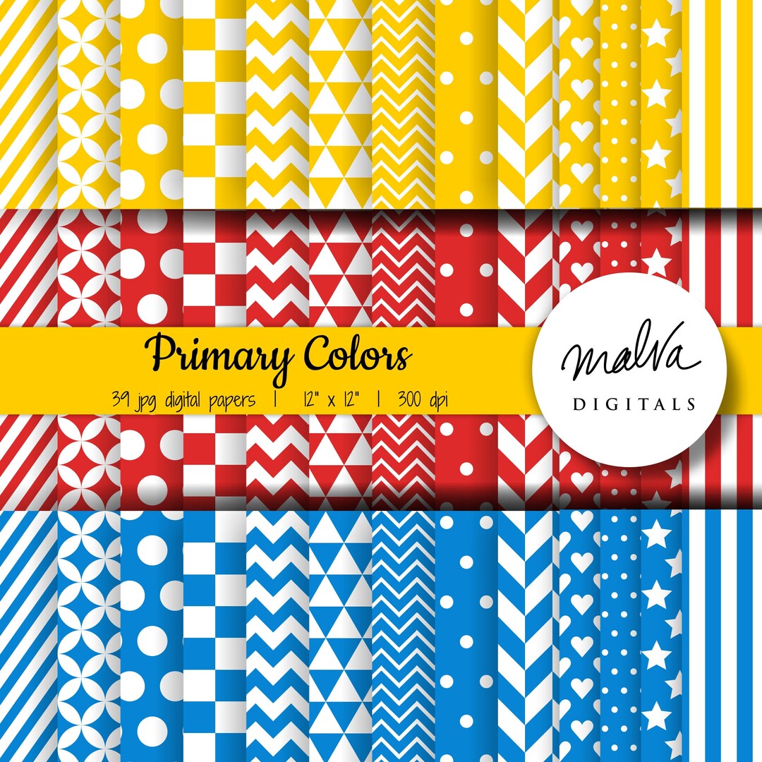 Primary Colors Digital Paper Pack, Red Blue Yellow Geometric Patterns ...