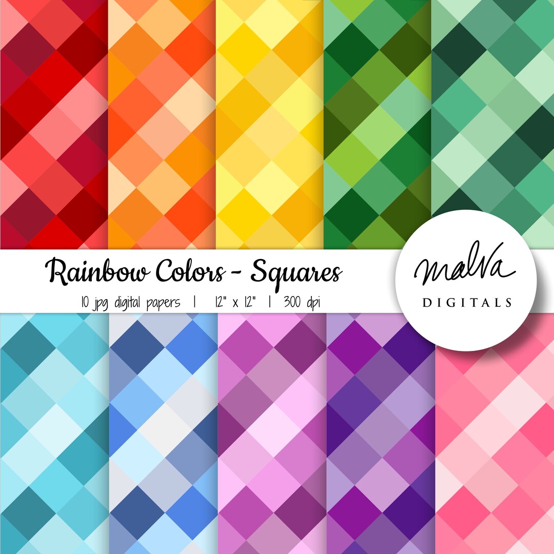 Rainbow Squares Digital Paper Pack, Red Orange Yellow Green Blue Purple ...