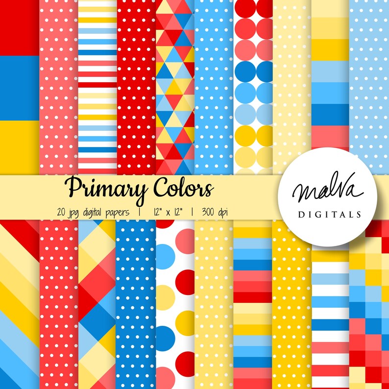 Primary Colors Digital Paper Pack, Red Blue Yellow Scrapbook Paper ...