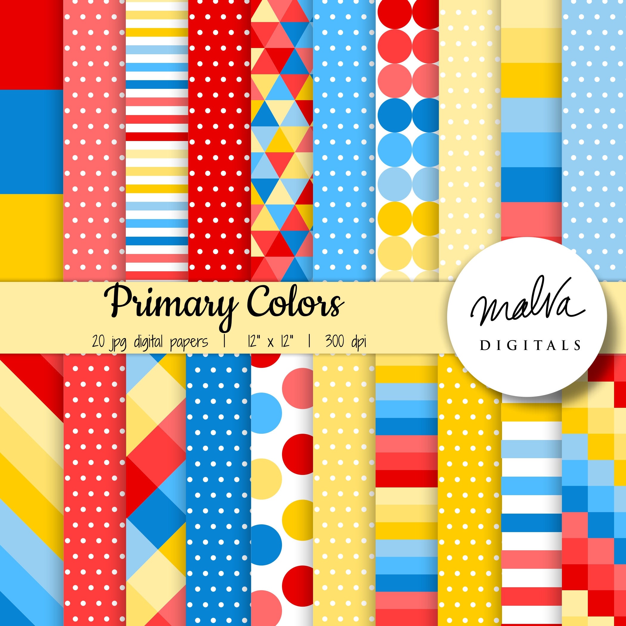 Primary Colors Digital Paper Pack, Red Blue Yellow Scrapbook Paper ...