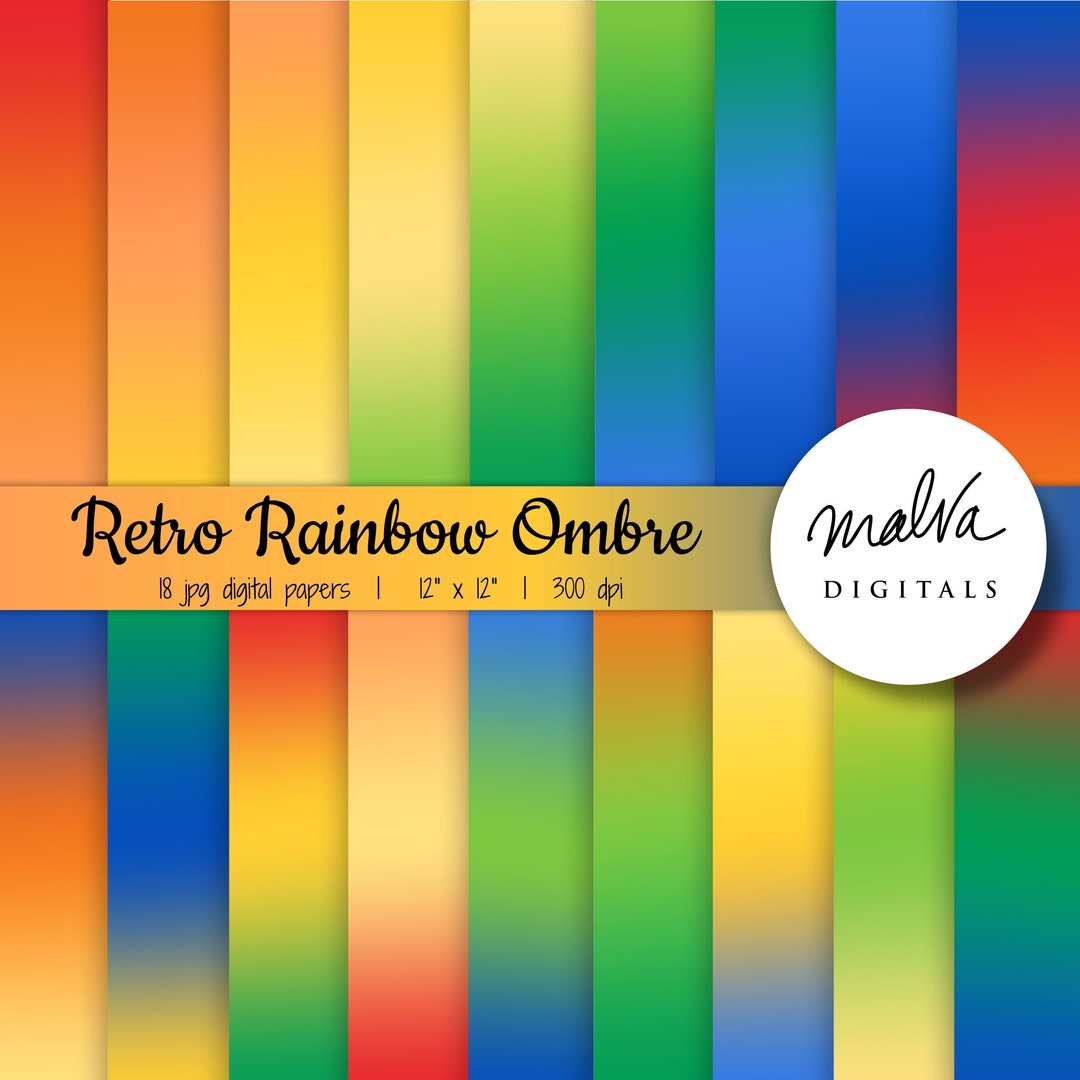 Retro Rainbow Ombre Digital Paper Pack, Funky Rainbow Digital ...