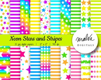 Neon Stars and Stripes Digital Paper Pack Bright Colors | Etsy