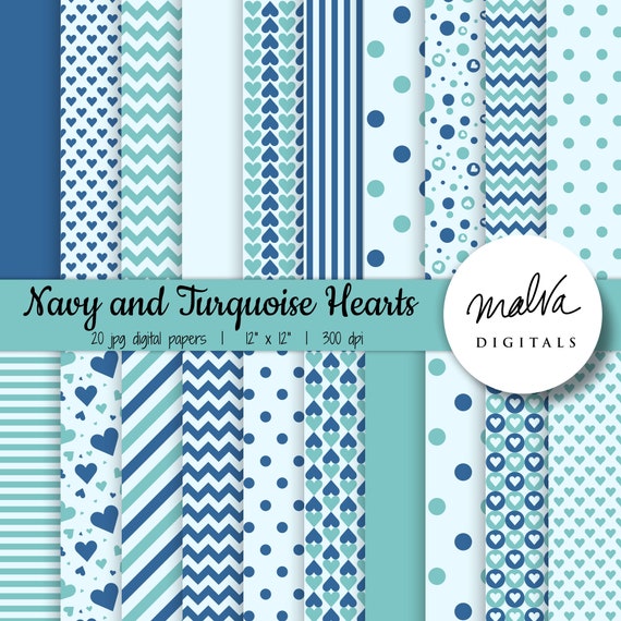 Blue and Turquoise digital paper pack heart digital scrapbook | Etsy