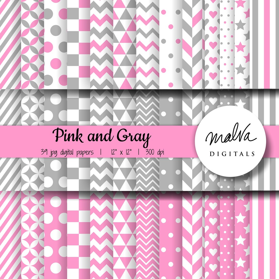 Pink and Gray Digital Paper Pack, Geometric Patterns Digital Scrapbook ...