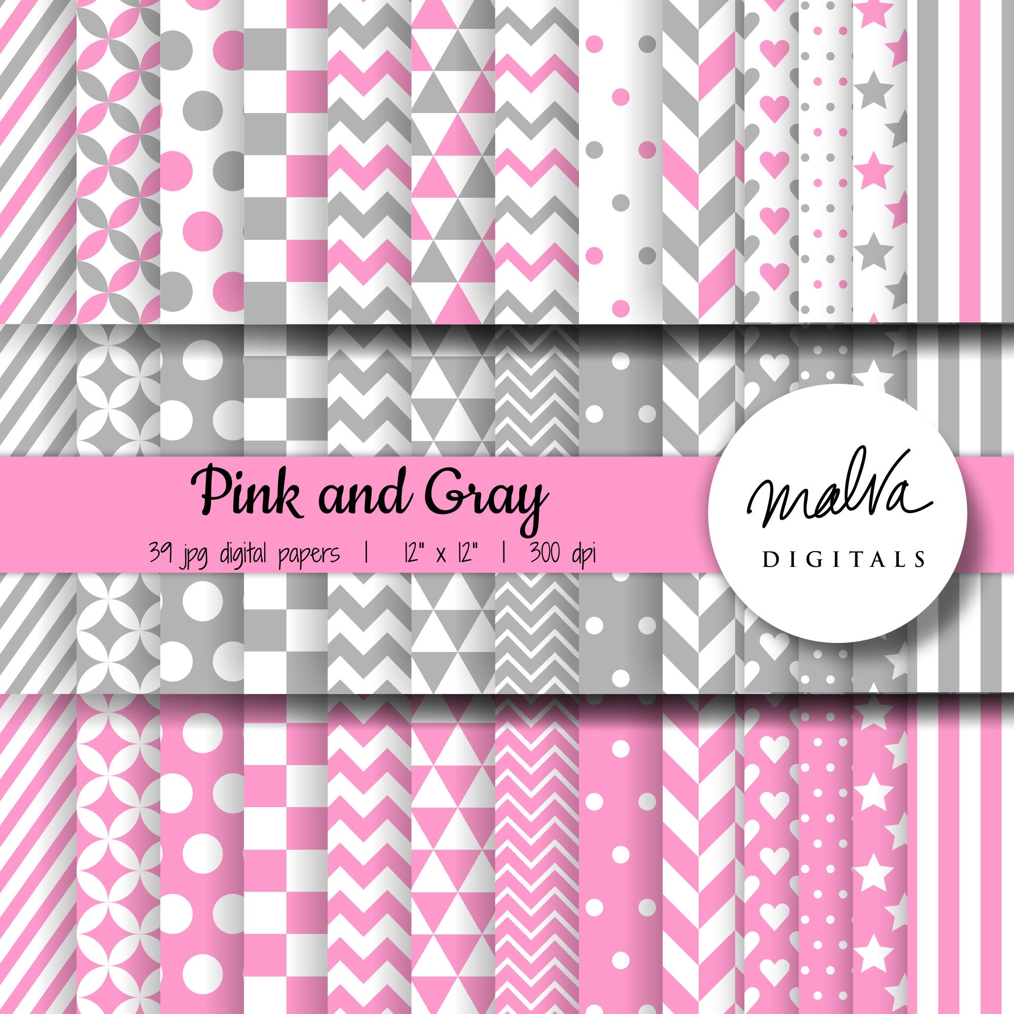 Pink and Gray Digital Paper Pack, Geometric Patterns Digital Scrapbook ...