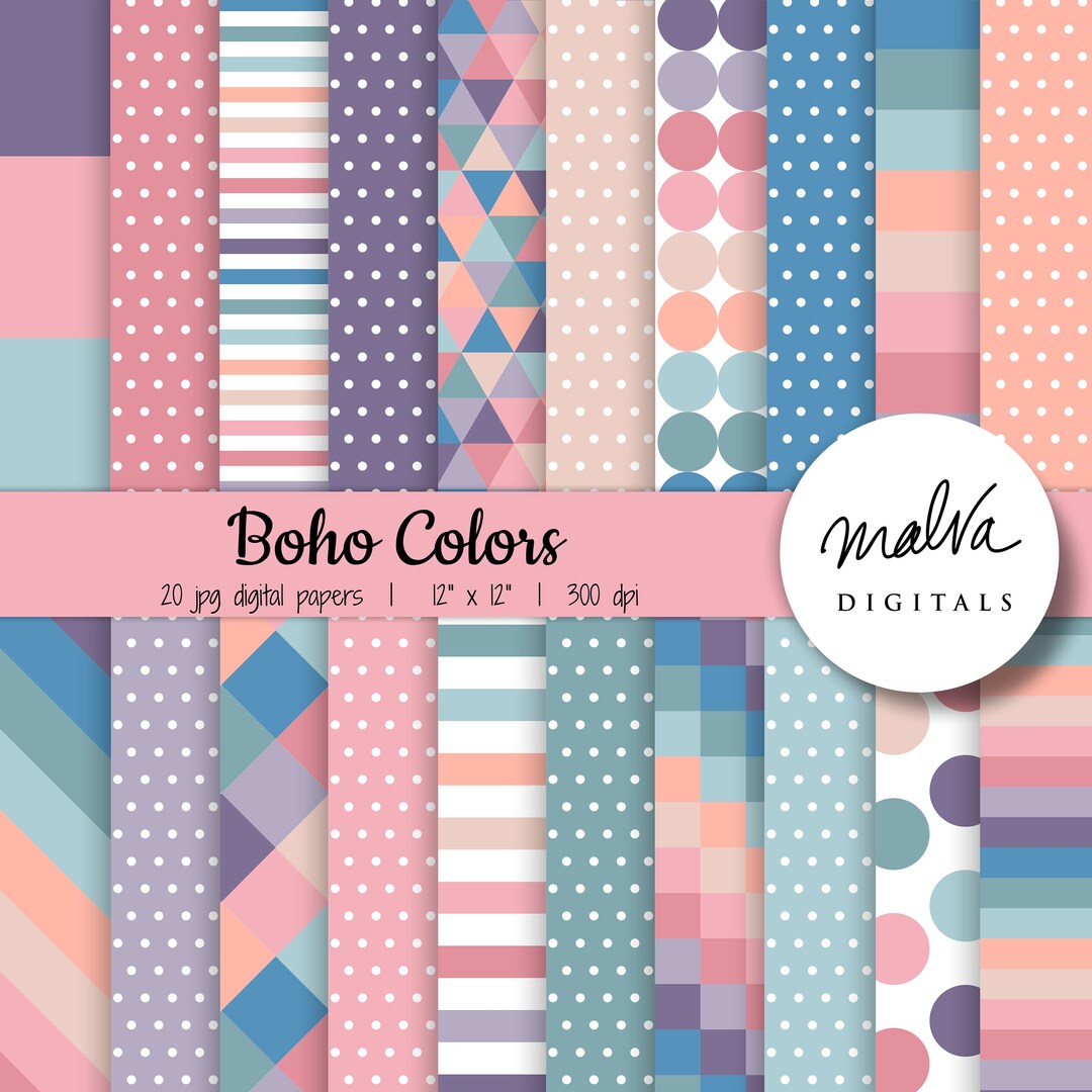 Girly Boho Colors Digital Paper Pack, Bohemian Tones Geometric Patterns ...