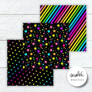 Neon Christmas Digital Paper Pack, Bright Colors Black Background ...