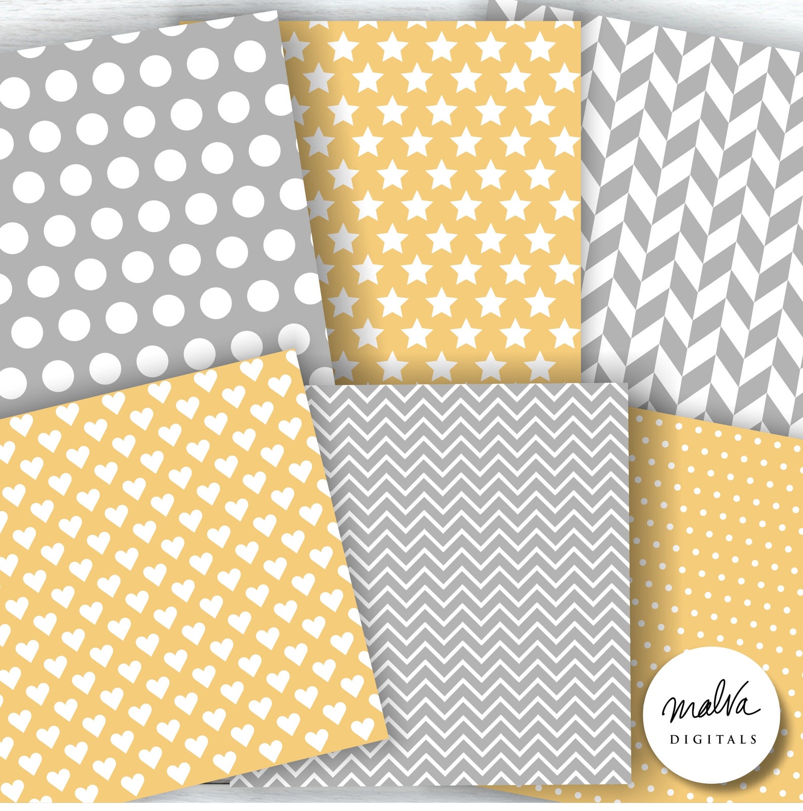 Yellow and Gray Digital Paper Pack, Scrapbook Paper, Grey Paper, Yellow ...